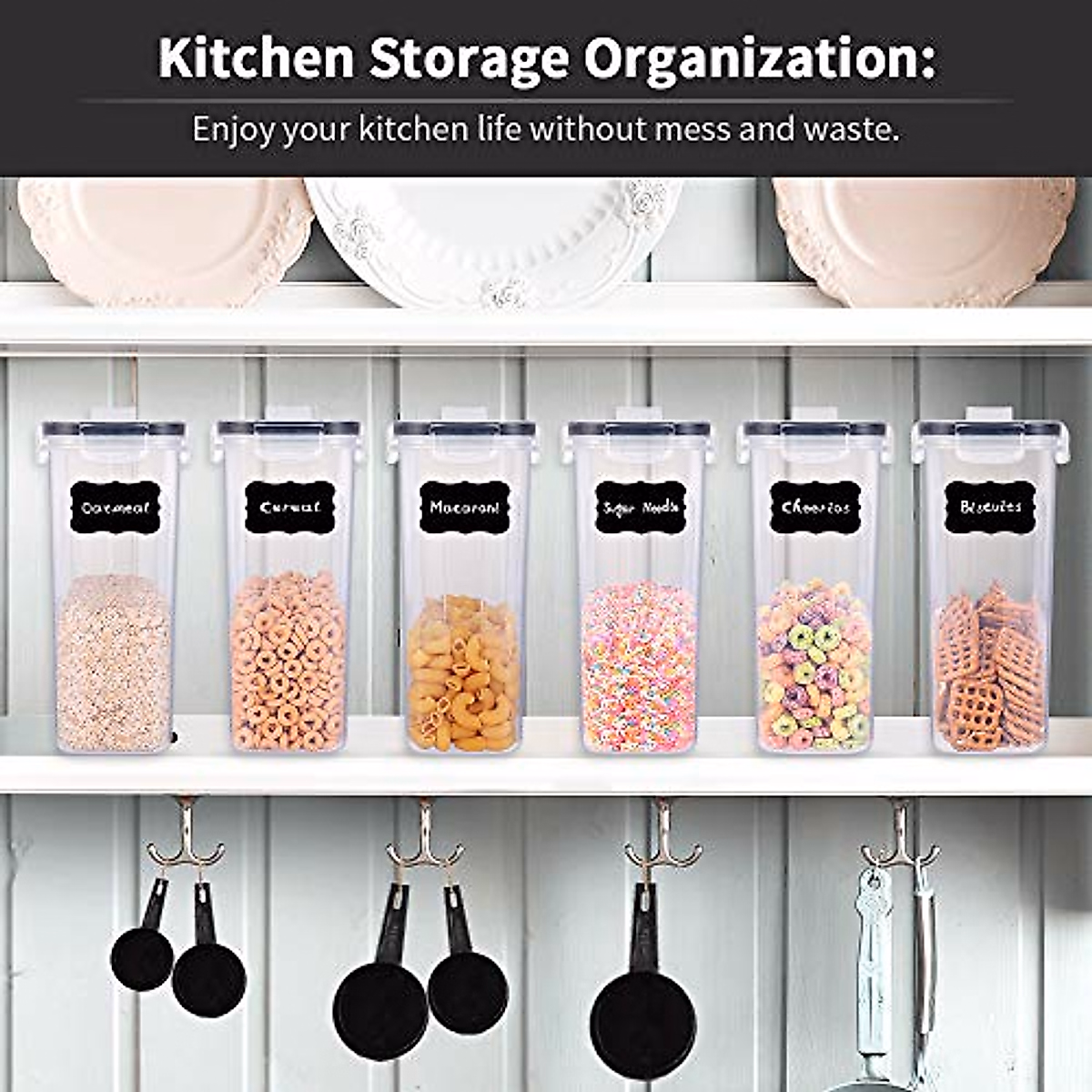 ME.FAN Cereal Storage Containers [6 Set] Airtight Food Storage Containers 2.5L(85.4oz) - Kitchen Storage Keeper with 5 Set Measuring Cups, 24 Chalkboard Labels & Pen (Black)