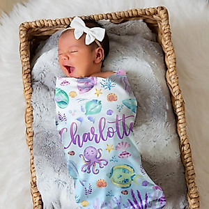 Zocoshi Sea Animals Baby Girl Name Blanket, Personalized Watercolor Turtle Octopus Under The Sea Nursery