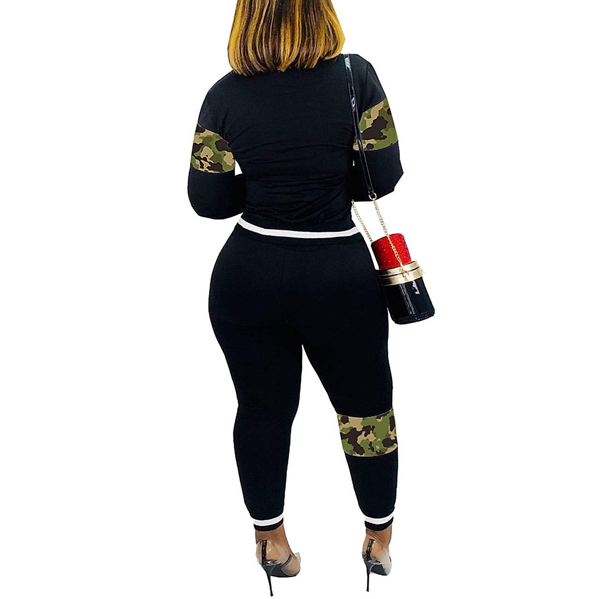 Women Pants 2 Piece Outfits Camouflage Long Sleeve Sweatshirt Top + Bodycon Pant Set Camo-green S