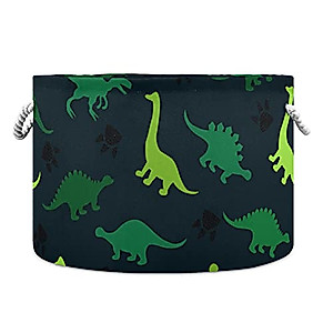 Kigai Green Camo Dinosaur Storage Basket, Collapsible Round Toy Storage Bin, Decorative Laundry Hamper with Handles, Large Organizer Bins