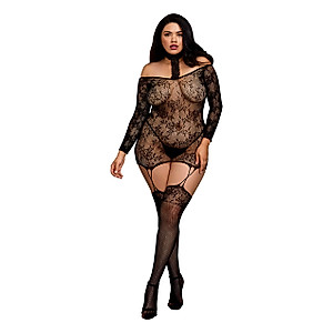 Dreamgirl Women's Plus Lace Patterned Knit Garter Dress with Stockings, Black, One Size-Queen