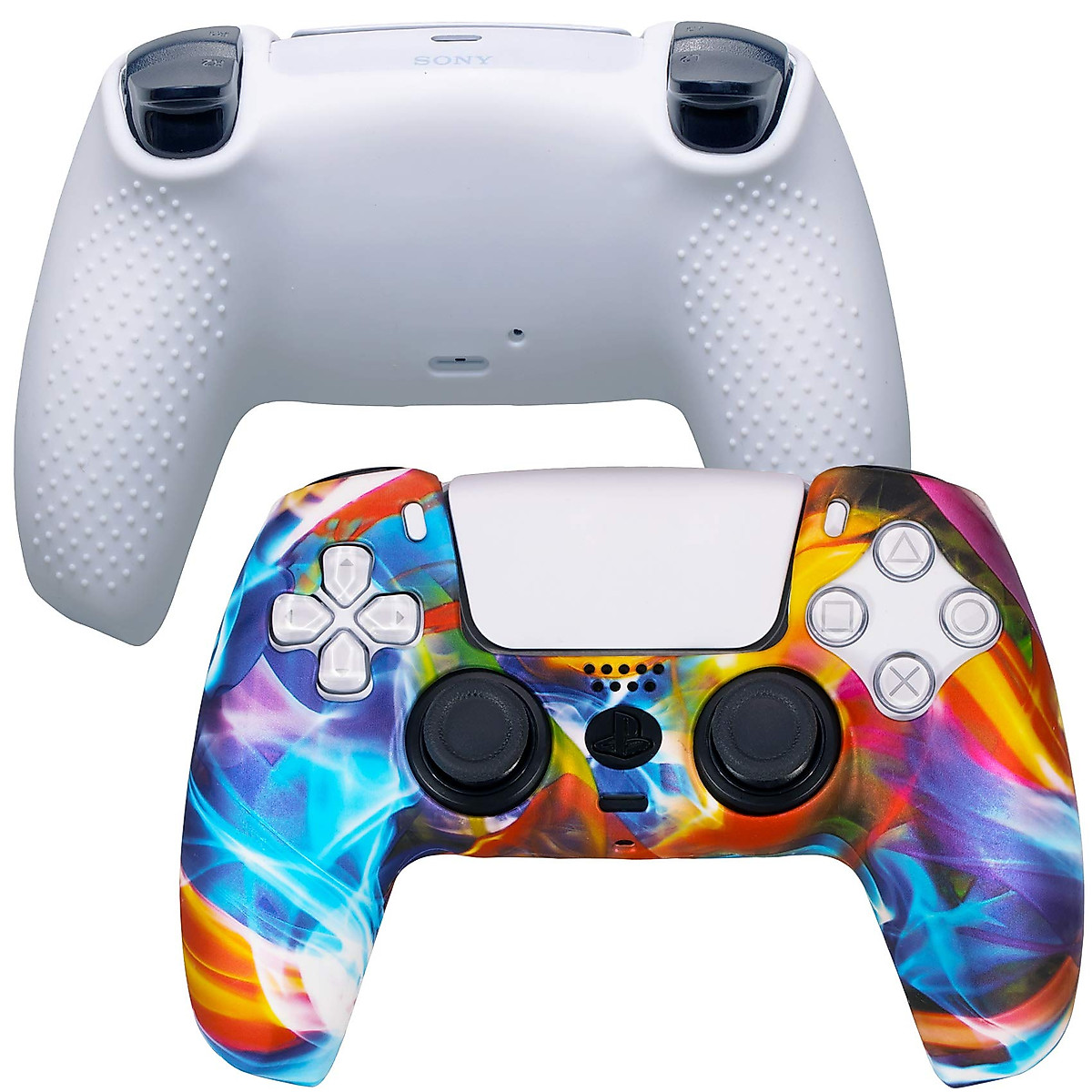 9CDeer 1 Piece of Silicone Transfer Print Protective Cover Skin + 10 Thumb Grips for PlayStation 5 / PS5 Controller Rainbow