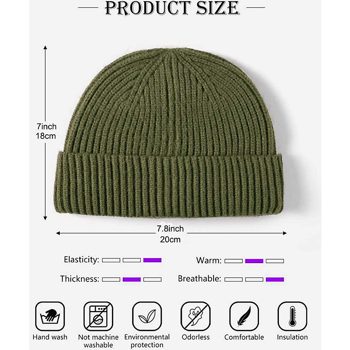 Furwabo Trawler Beanie Watch Hat Roll-up Edge,Ski Knitted Cuff Caps Winter Warm Knit Skullcap Swag Fisherman Beanie Hat for Men Women(Army Green)