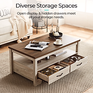 LINSY HOME Living Room Table Sets 4 Piece with TV Stand, Farmhouse TV Stand for 65 Inch TV, Coffee Table with Drawers, Two End Table with Charging Station, Washed Gray