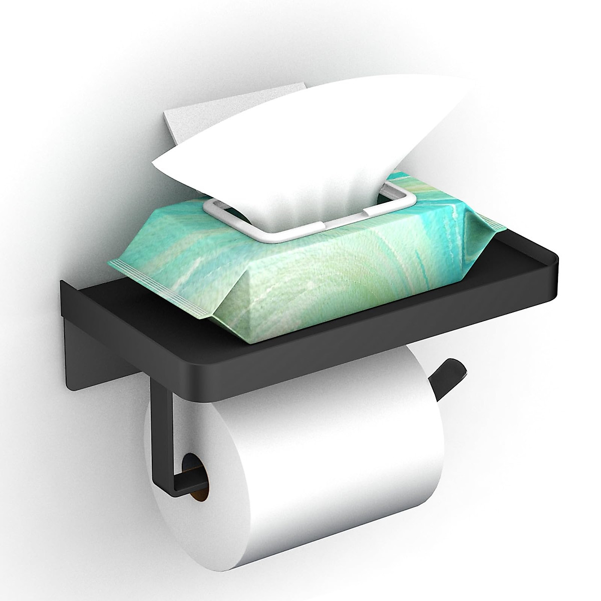 New Self-Adhesive Toilet Paper Holder with Shelf and Storage for Phone, Wet Wipes, etc. Matte Black Stainless Steel Toilet Paper Wall Mount, Wet Wipes Holder, Toilet Paper Roll Holder for Bathroom