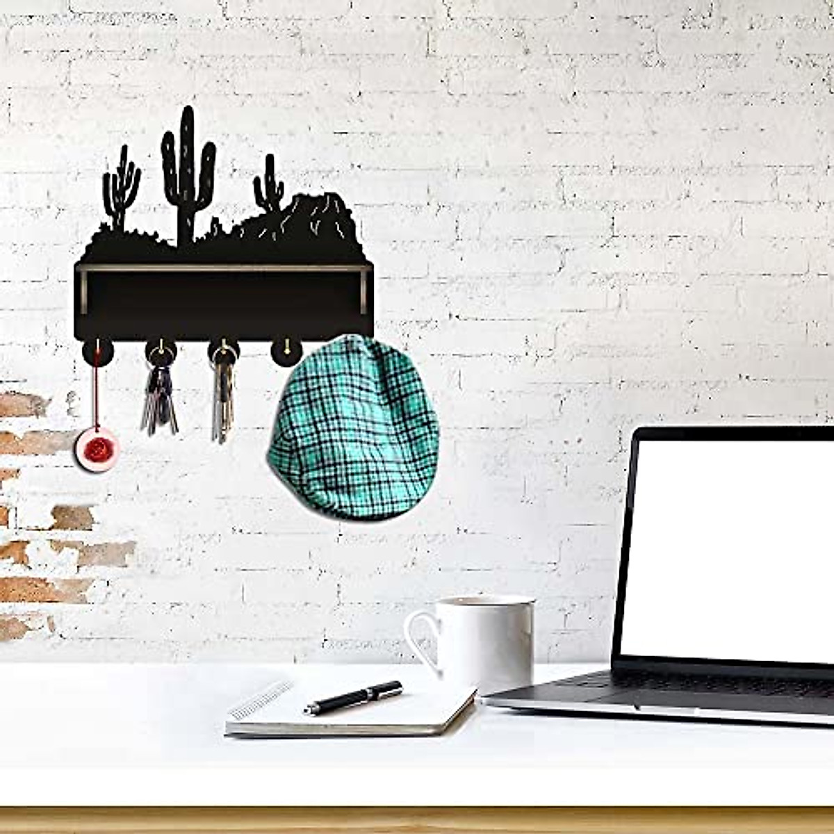 The Geeky Days Cliffs Cactus Key Holder for Wall, Desert Plant Wooden Wall Mounted Hat Coat Rack with Mail Medal Organizer Shelf, 5 Metal Hooks Hanger, for Closet Door Hanging Rustic Home Decor