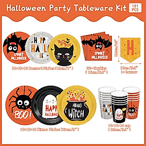 Halloween Party Plates and Napkins 121pcs Halloween Boo Party Supplies Tableware Set Trick or Treat Spider Ghost Halloween Paper Plates Napkins Banner for Halloween Birthday Party Serve 30 Guests