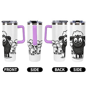 LLUTSNTH 40 Oz Vacuum Tumbler with Violet Handle Leakproof Insulated Tumbler Cartoon Black White Sheep Stainless Steel Travel Mug with Lid And Straw Coffee Cup Cute Water Bottles Cup Holder Friendly