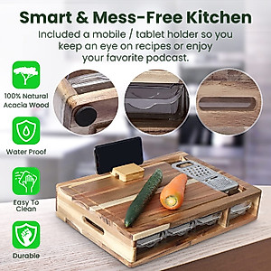 Acacia Wood Cutting Board with Containers & Lids, 3in1 Grater and bonus Bamboo Phone and Tablet Holder by SWILLT-Large Acacia Wood Chopping Board with 4 Storage Trays, Food Prep Cleanup, Juice Groove