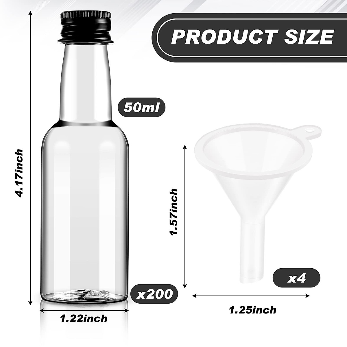 200 Pcs Mini Liquor Bottles 1.7 oz Plastic Empty Spirit Bottle with Black Screw Cap Mini Wine Bottles Hot Sauce Bottles Shot Bottles with Caps Liquid Funnel Easy Pouring Party