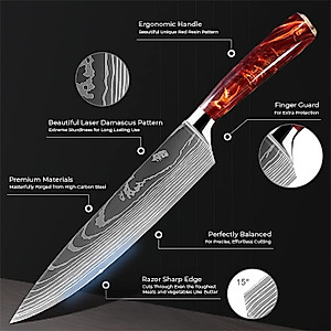 SENKEN 8-piece Japanese Kitchen Knife Set with Red Resin Handle and Laser Damascus Pattern - Crimson Collection - Chef's Knife, Santoku Knife, Paring Knife, & More - Ultra Sharp for Very Fast Cutting