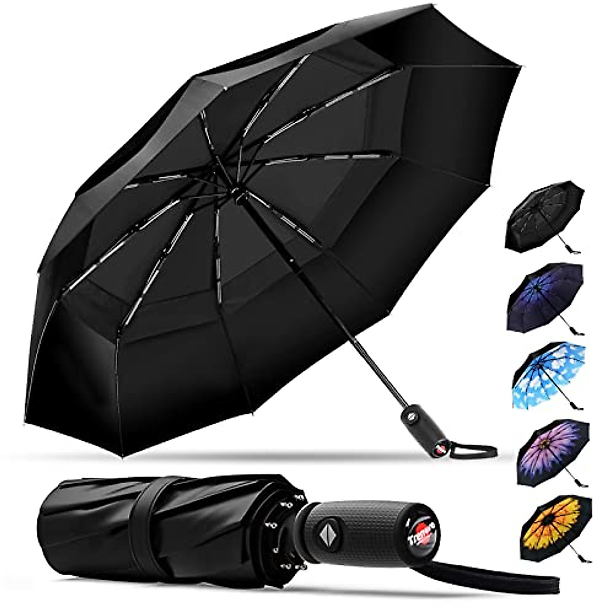 Trenovo Ultra Windproof Travel Umbrella - 2023 Pro-Series Automatic Compact Folding Umbrellas for Rain [Light, Portable, Durable, Superior], Updated Waterproof Tech & 9 Reinforced Ribs, Wind Resistant Double Canopy, Slip-Proof Handle, Small Umbrella for B