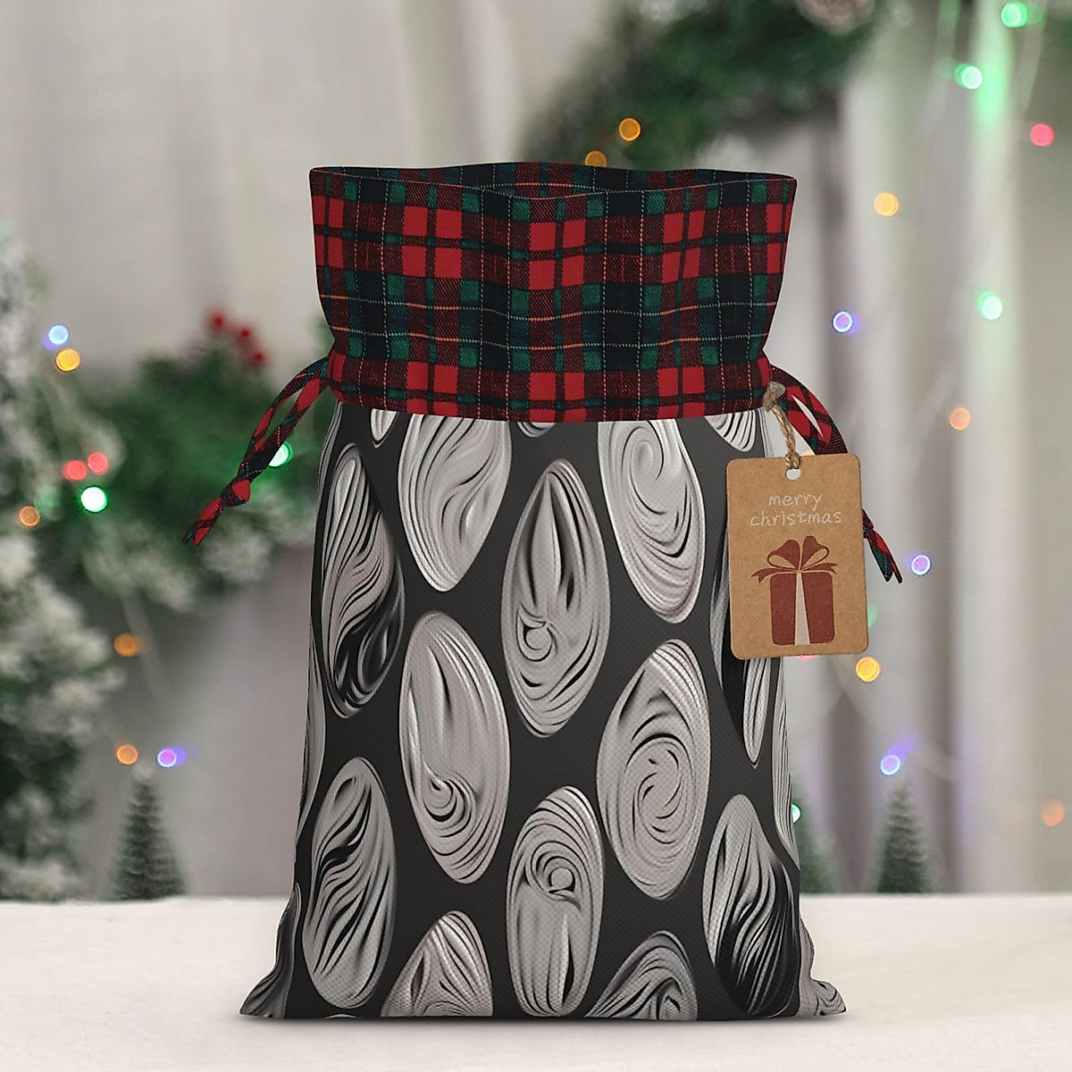 Christmas Gift Bags with Drawstring Burlap Gift Bags Abstract Black Silver Christmas Linen Bags for Xmas Party Candy Bags with Cards Xmas Reusable Wrapping Bags Christmas Linen Treat Bags for Holiday