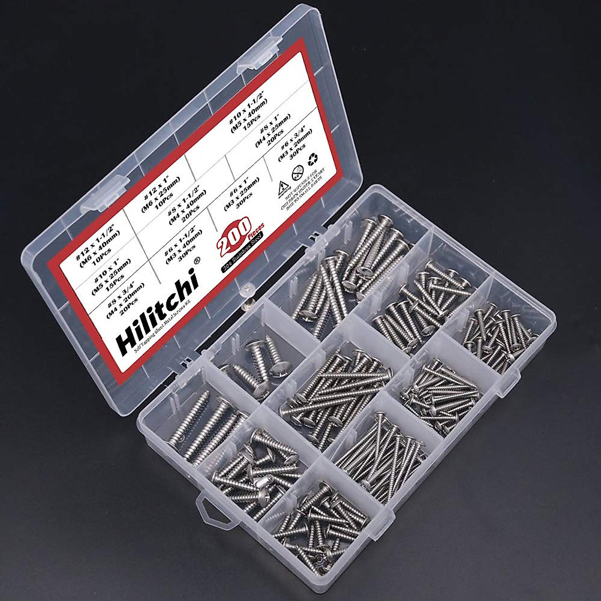 Hilitchi 304 Stainless Steel Hex Washer Head and Phillips Truss Head Self Drilling Sheet Metal Tek Screws Assortment Kit (Phillips Truss Head)