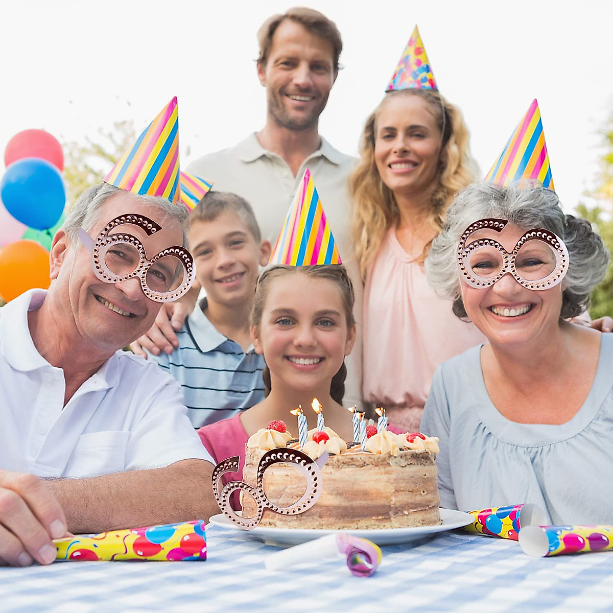 9 Pack Sunglasses & Decorations - Men & Women's Party Eyeglasses for 60th Birthday & Anniversary Celebrations (rose gold)