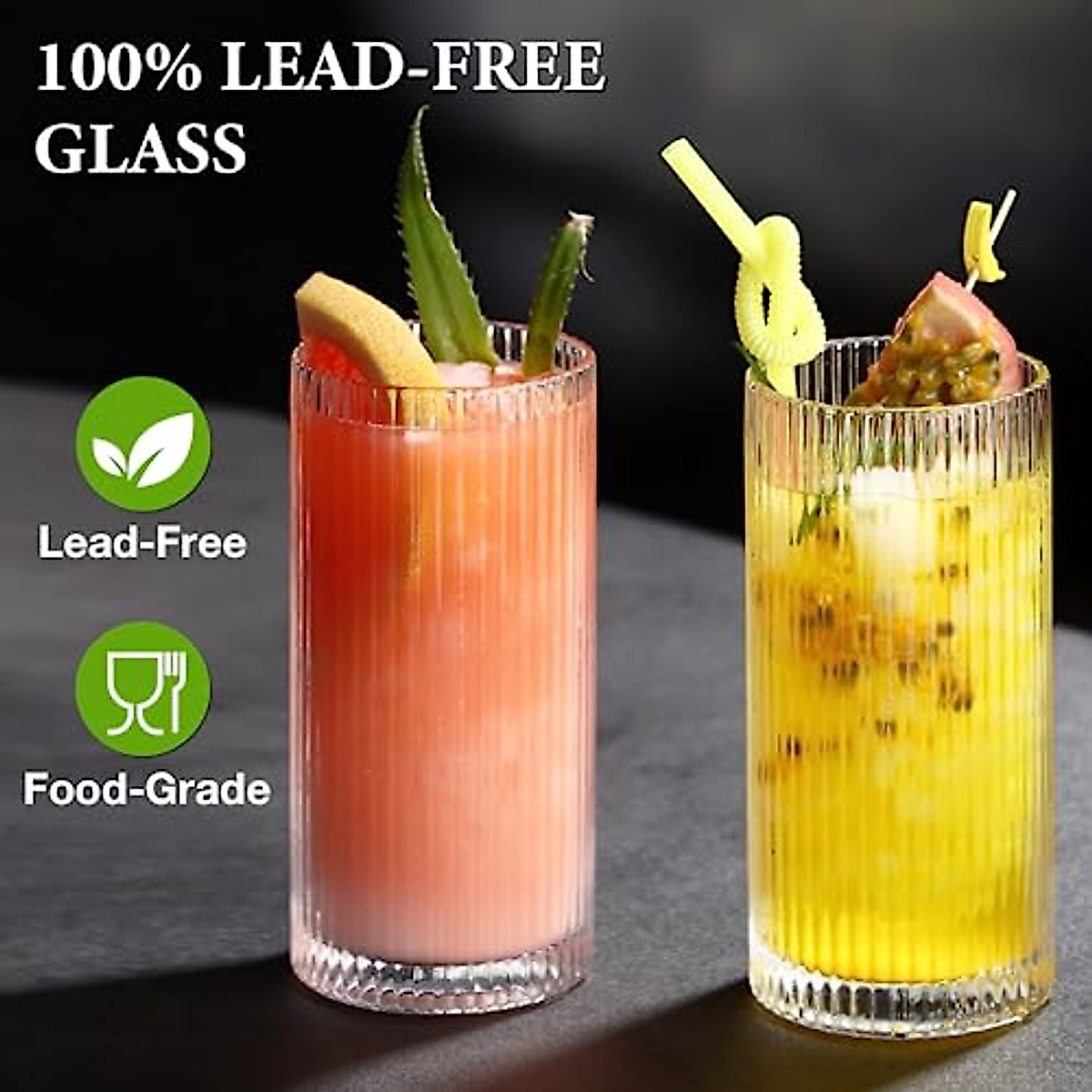 Mfacoy Glass Cups Vintage Glassware Set of 4 Large, Origami Style Transparent Cocktail Drinking Glasses Set, Bar Beverages Ice Coffee Cup Juice Ripple Drinkware, 13 Ounce