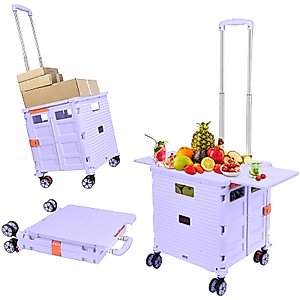 Foldable Utility Cart Collapsible Portable Tool Cart with Wheels Tote Basket,176LBS Load Capacity,Magnetic Lid Telescopic Cover with 360° Wheels Telescoping Handle for Grocery Laundry Luggage,Purple