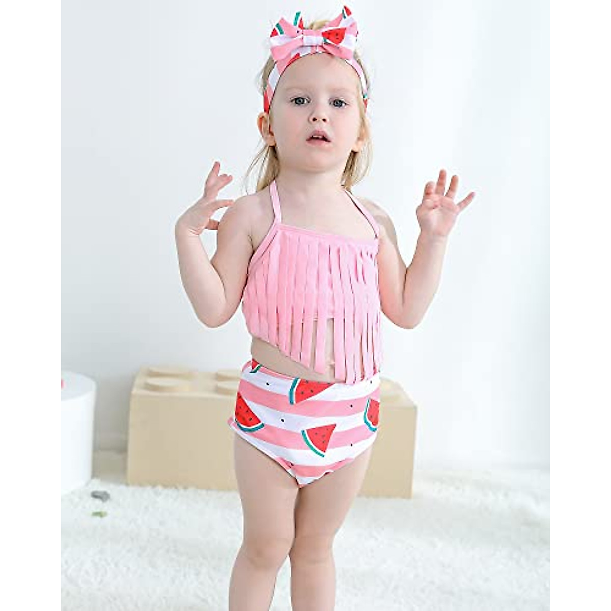 4T Toddler Girl Swimsuit Little Kids Triangle Bikini Tassel Halter Tankini Top 2pc Watermelon Bathing Suit 4T 5T Swimsuit for Girls Light Pink