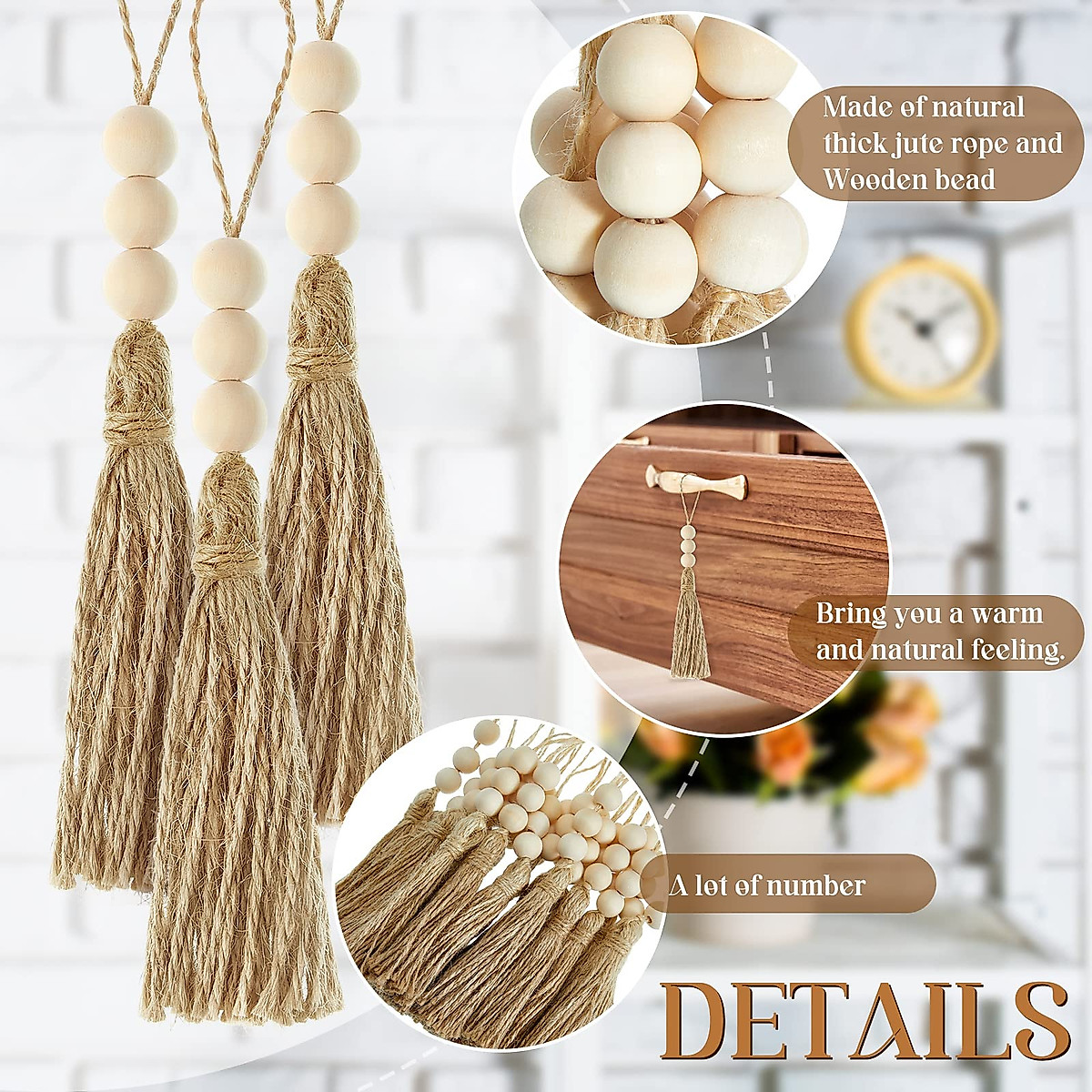 40 Sets Jute Tassels with 3 Wood Beads Natural Jute Rope Burlap Tassels for Christmas Tree DIY Craft Wood Beads Garland Project Wedding Home Party Decorations