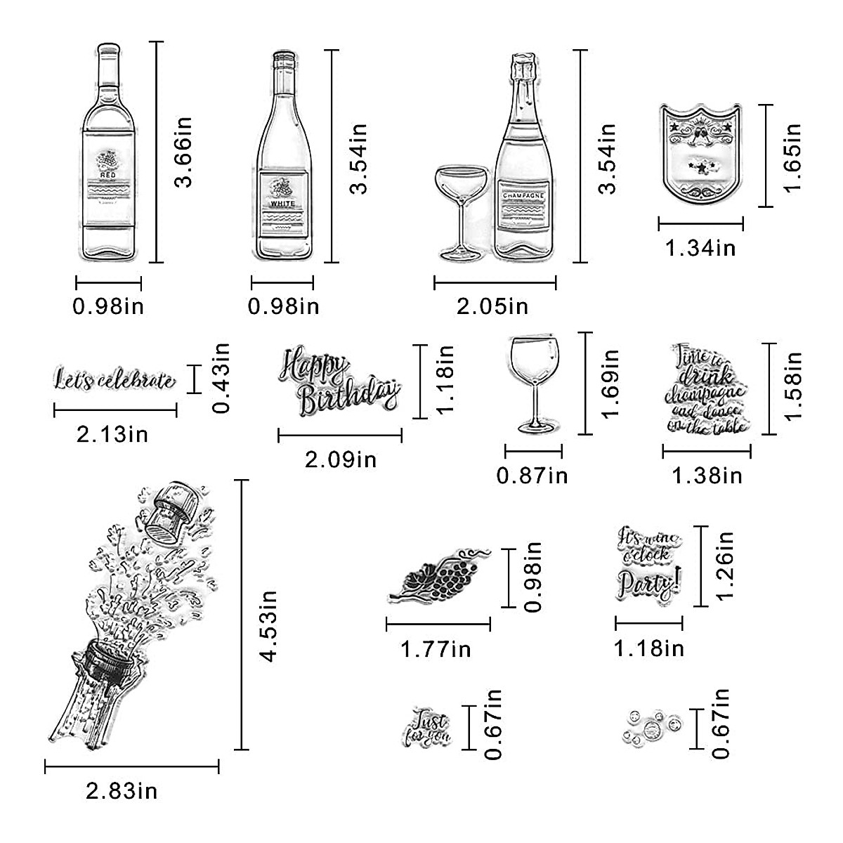 Happy Birthday Party Wine Champagne Bottle Clear Stamps for Card Making Decoration DIY Scrapbooking, Cheer Words Silicone Transparent Seal Stamps for Embossing Album Decor Craft.