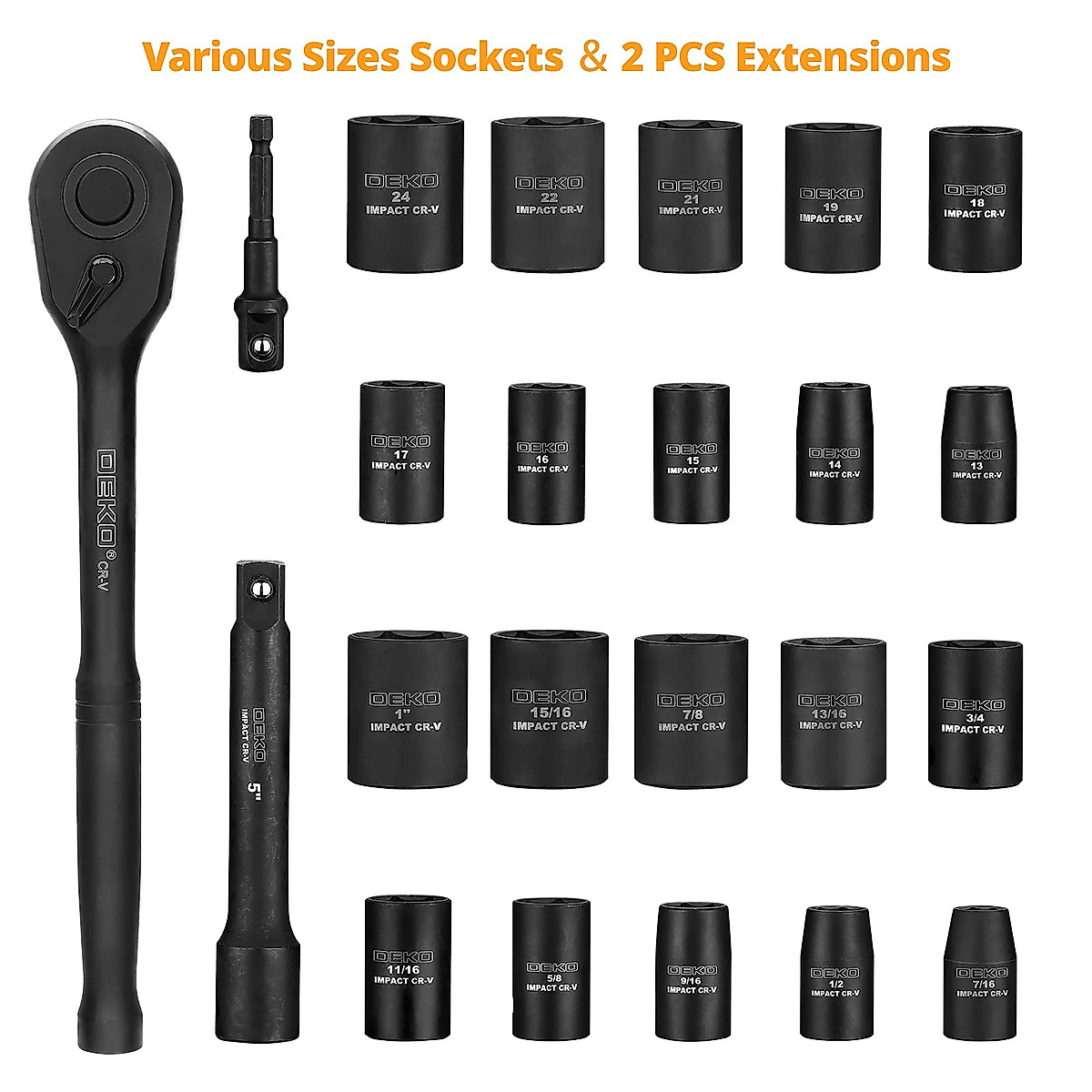 DEKOPRO 1/2-Inch Impact Socket Sets, 23 Pieces Drive Socket Set Mechanic Tool Set with 72 Teeth Reversible Ratchet, 1/2" Drive Metric/SAE, CR-V Steel