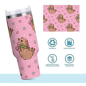 DIGTIA Stainless Steel Insulated Tumbler w/Handle & Straw, Capybara Cute Double Wall Vacuum Travel Coffee Mug Cup w/Lid, Leak-Proof Sports Bouquet Water Bottle,30oz