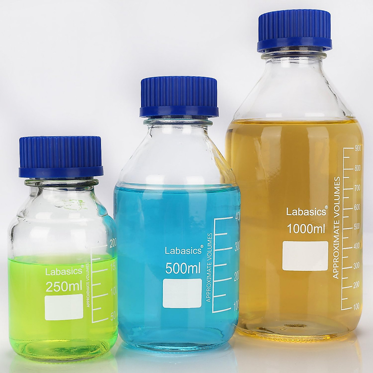 Labasics Round Media Storage Bottles with GL45 Blue Screw Cap, Glass Clear Wide Mouth Graduated Round Reagent Media Storage Lab Glass Bottle, 1000 ml