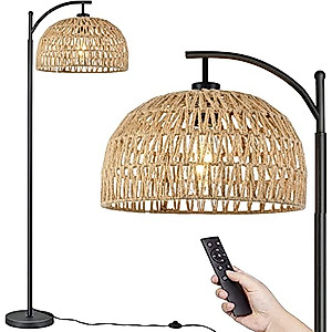 QIYIZM Floor Lamp for Living Room Bedroom Farmhouse Rattan Standing Lamp with Control,Wicker Black Industrial Dimmable Floor Light Rustic Adjustable Tall Lamp,Boho Bamboo Lamp Shade Floor Lamps