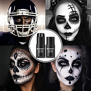 BOBISUKA Black White Face Paint Stick with Setting Powder Set, Eye Black Sticks for Sports, Body Paints for Clown Skeleton Vampire Skull Cosplay Special Effects Costume SFX Halloween Makeup Kit