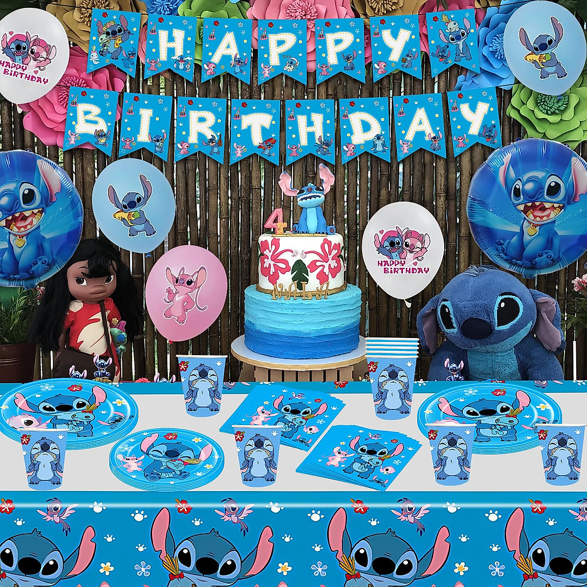 103 PCS Stitch Birthday Party Decorations, Stitch Party Decorations Set Includes Tableware Set, Happy Birthday Banner, Hanging Swirls, Balloons for Birthday Party Supplies