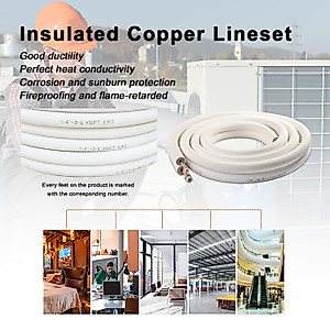 Wostore 16 Ft. Line Set 1/4&1/2 Inch 3/8 PE for Mini Split Air Conditioner Insulated Coil Copper Pipes HVAC with Fittings