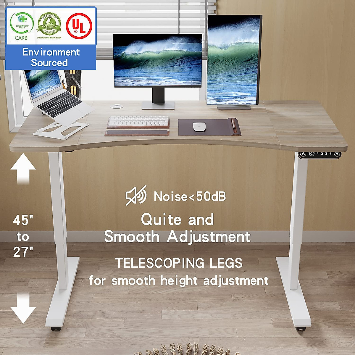 BUNOEM Height Adjustable Electric Standing Desk, 55x30 Height Stand Up Computer Desk,Sit and Stand Home Office Desk with Splice Board (Oak Top & White Frame)
