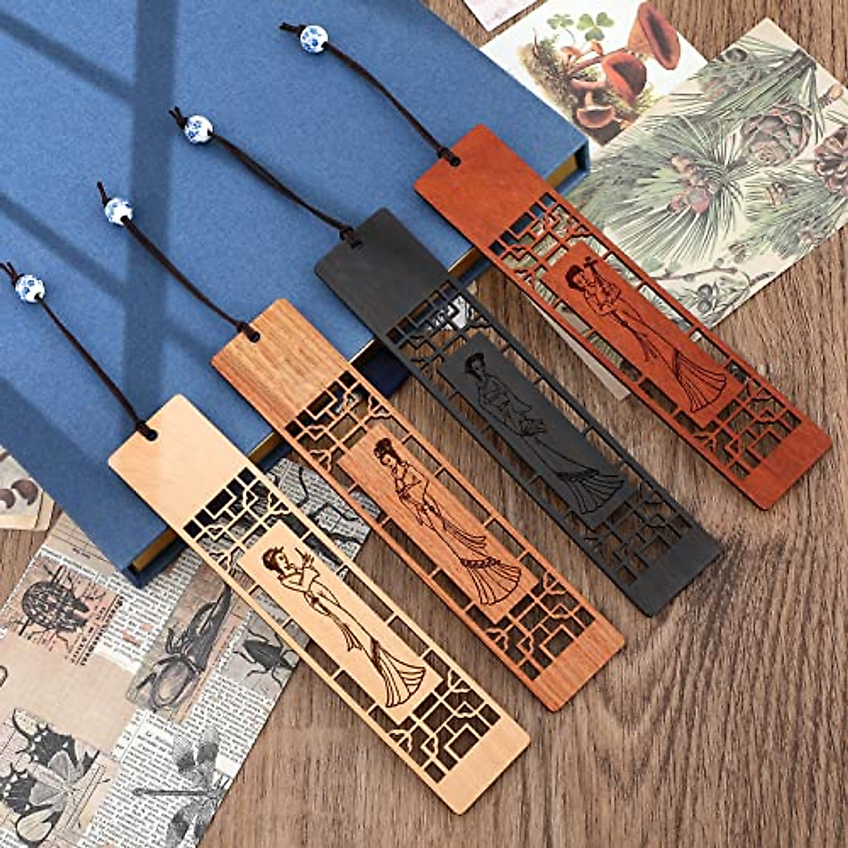 4 Pcs Bookmark Gift Box Set, Vickes Handmade Natural Wooden Bookmarks with Beautiful Carving, Unique Bookmarks Gift for Men Women