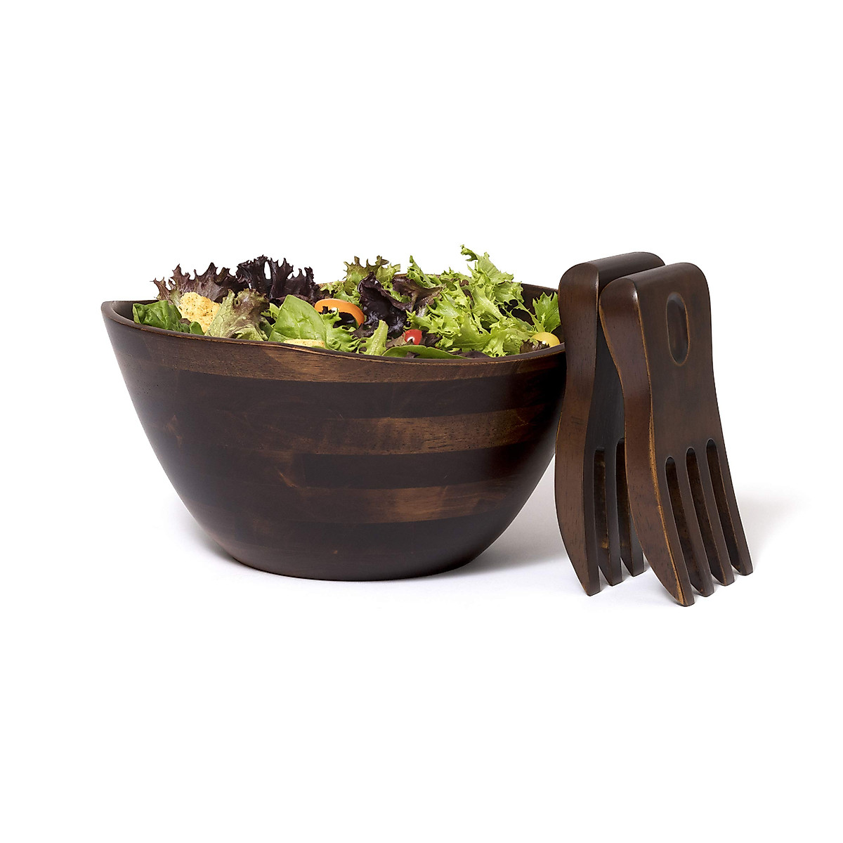 Lipper International Walnut Finish Large Wavy Rim Bowl with Salad Hands