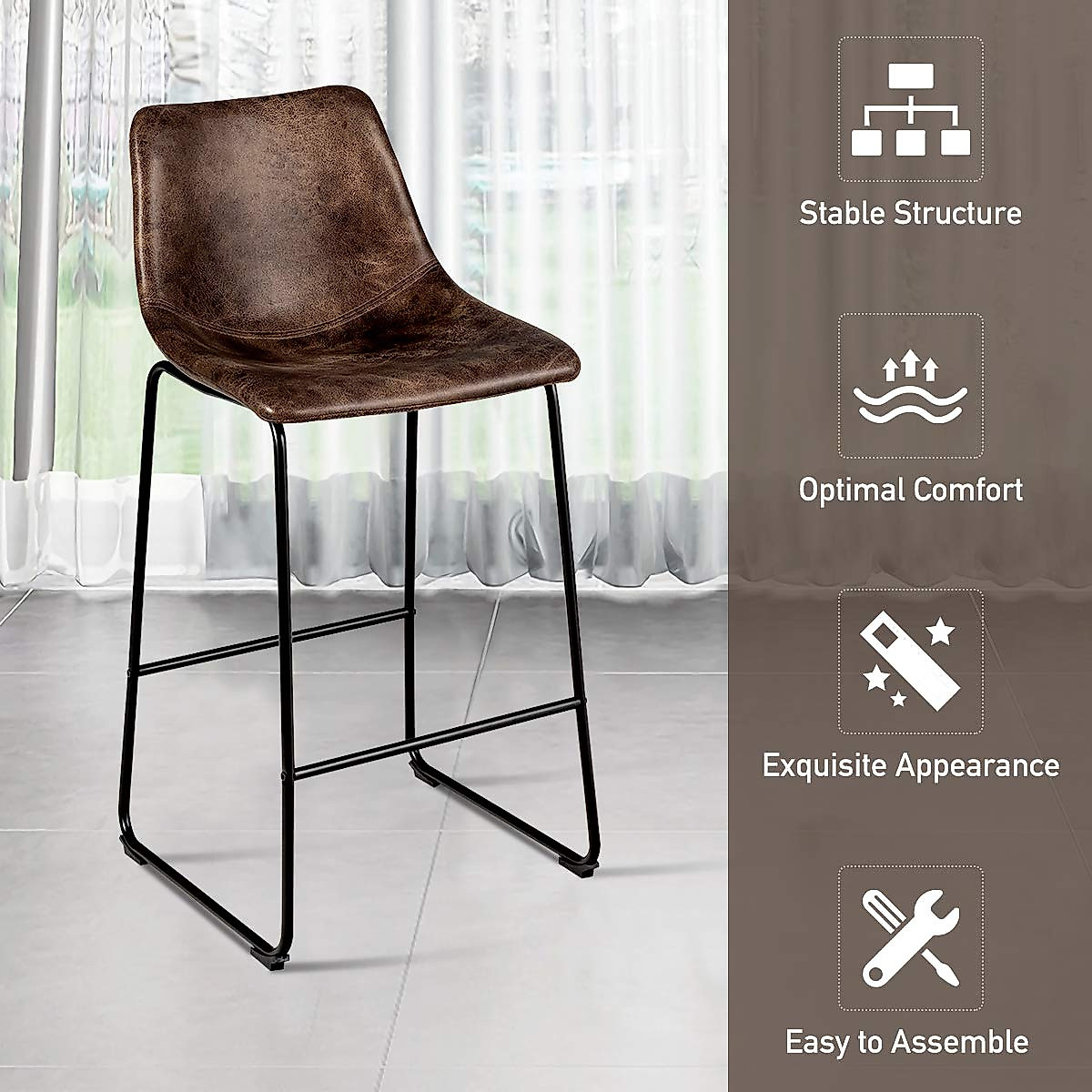 COSTWAY Set of 2 Bar Stools, Vintage Faux Suede Bar Stools, with Metal Legs, Back and Footrest, Upholstered Stools for Home Kitchen, Pub (Brown, 4)