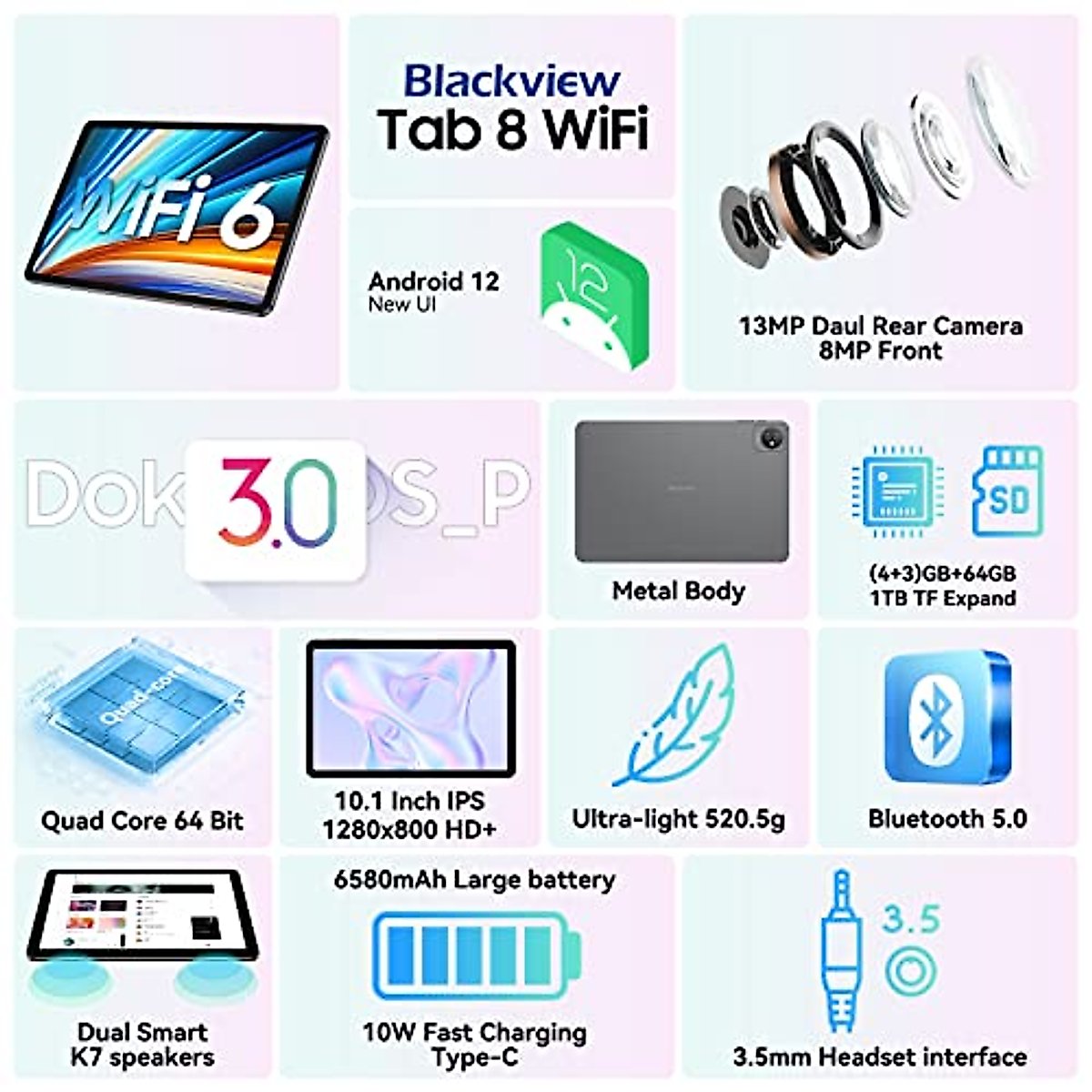 Blackview Tablet Android 12 Tab 8 WiFi Tablets 10.1 Inch 7GB(4+3 Expand) RAM+64GB/1TB ROM Quad Core Processor 6580mAh 1280×800 HD+IPS Display 13MP+8MP Daul Camera WiFi 6 BT 5.0 GMS Gray