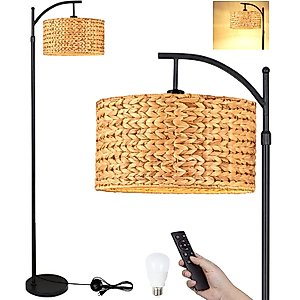 QIYIZM Floor Lamp for Living Room Bedroom Farmhouse Arc Rattan Boho Standing Lamp with Remote Dimmable Black Wicker Bamboo Lamp Shade Floor Light Adjustable Tall Lamp Industrial Floor Lamps Bohemian
