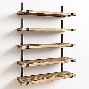 Fixwal Floating Shelves Set of 5, Width 4.7 Inches Wall Shelves, Rustic Wood Wall Storage Shelves for Bedroom, Living Room, Kitchen, Bathroom, Home Decor, Office and Plants (Carbonized Black)