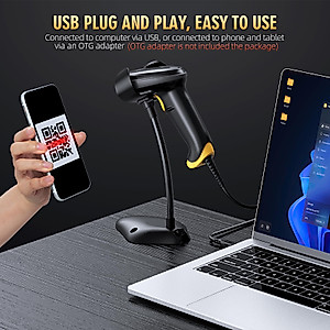 TEEMI 2D Barcode Scanner USB Wired Handheld Automatic QR Data Matrix PDF417 bar Codes Imager for Mobile Payment Computer Screen Scan (Stand Included)