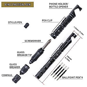 MCCC Tactical Pen 8 in 1 Multitool with Phone Holder, Stylus Pen Gifts for Men EDC Pen for Self Defense, Daily Use, Outdoors, Survival Gear