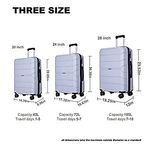 Travelhouse hardshell 3 Piece Set, PP Hard Wheel Suitcase Set with Spinner Wheels, TSA Lock, 20 inch 24 inch 28 inch Women's Luggage Set (Silver)