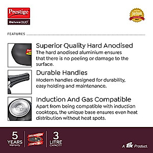 Prestige Deluxe Duo Plus Hard Anodised Handi Pressure Cooker With Stainless Steel Lid 3.0 Liters and Glass lid, medium (20144)