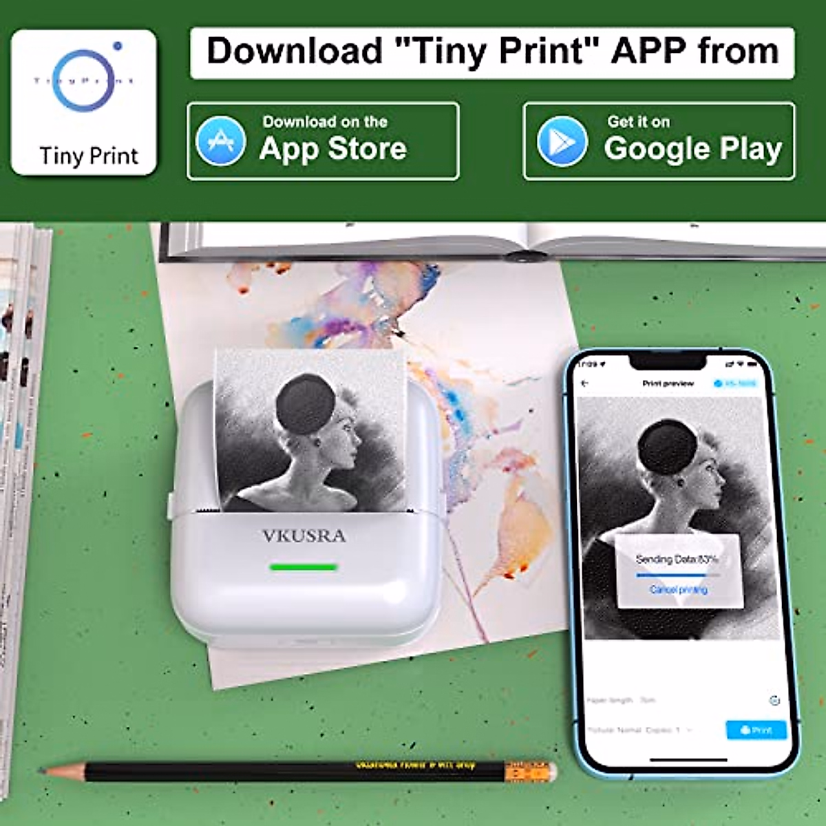 VKUSRA Pocket Printer, Wireless Bluetooth Thermal Printer with 3 Rolls Printing Paper and 1200mAh Battery, Portable Inkless Printer for iPhone Mini Sticker Printer Compatible with iOS&Android