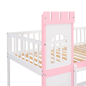 MERITLINE Kids Low Bunk Bed Twin Over Twin, Wooden Castle Shape Loft Bunk Bed Frame for Kids, Toddler Bunk Beds with Safety Rail and Ladder, Floor Bunk Bed for Boys Girls Bedroom Dorm (Pink)