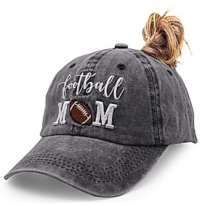 MANMESH HATT Football Mom Ponytail Baseball Cap Messy Bun Vintage Washed Distressed Twill Plain Hat for Women (Football mom, One Size)