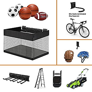 SMARTOLOGY Tool Storage Rack 6 Assorted Hooks Large Mesh Basket Sports Gear, Utilities, Wall Mount Garage Storage Organizer Lawn Gear, Heavy-Duty Gardening Power Tool Rack, Black Wall Rack Combo