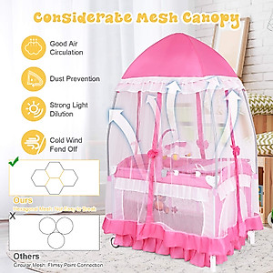 INFANS 4 in 1 Pack and Play, Portable Nursery Center Playard with Bassinet, Adjustable Canopy, Mattress, Diaper Changer, Carry Bag, Whirling Toys Music Box for Baby Boy Girl (Pink)