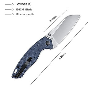 Kizer Towser K Folding Pocket Knife, 154CM Steel Sheepsfoot Blade Cleaver Knife with Blue Richlite Handle for Everyday Carry