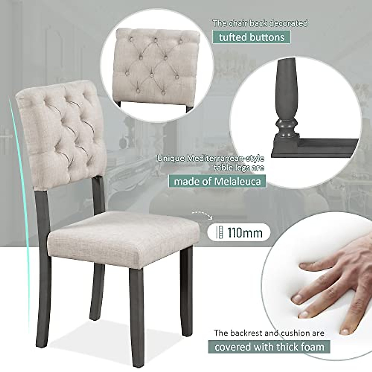 KLMM Retro Dining Room Set, 6-Piece Kitchen Dining Table Set with Special-Shaped Legs and Foam-Covered Seat Backs&Cushions,6-Person Configuration for Family Use (Gray+Retro3)