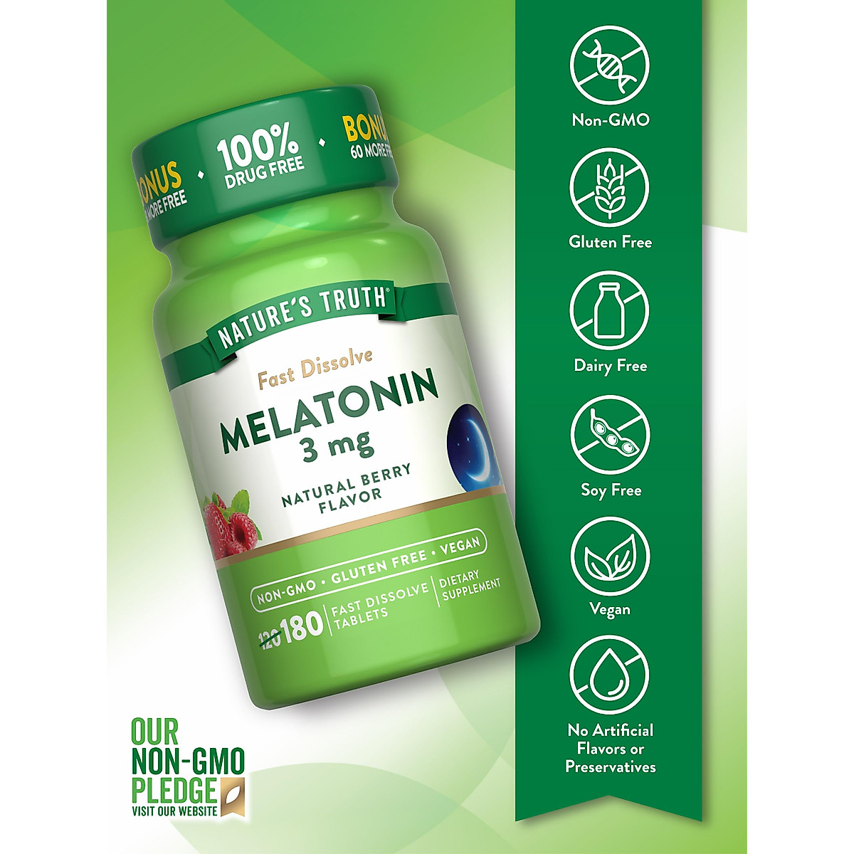 Nature's Truth Melatonin 3mg Fast Dissolve Tablets | 180 Count | Natural Berry Flavor | Vegan, Non-GMO, & Gluten Free Supplement